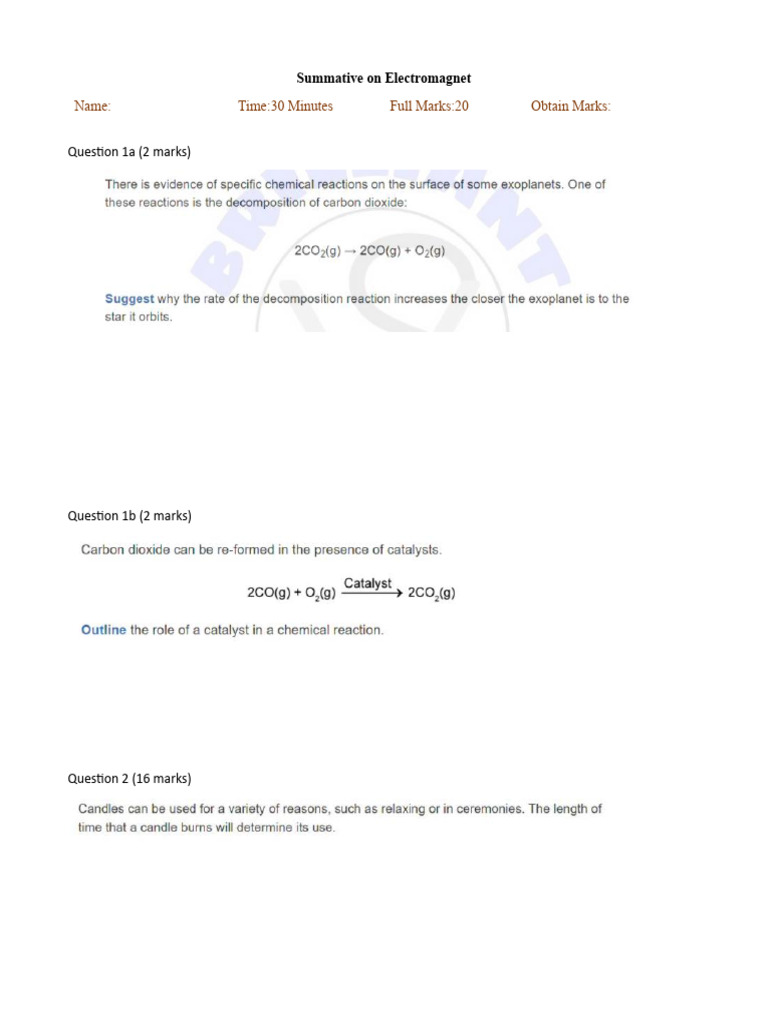 Summative On Rate of Reaction | PDF