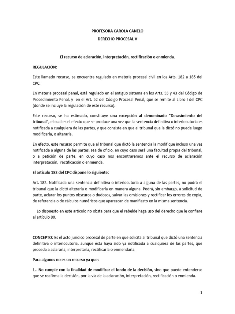 Recurso de Aclaraci N Interpretaci N Rectificaci N o Enmienda | PDF | Ley procesal | Separación ...