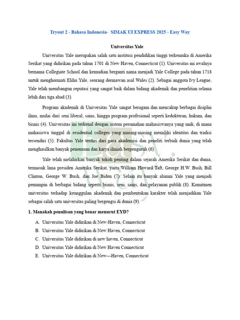 Tryout Bahasa Indonesia 2 SIMAK UI EXPRESS 2025 - Easy Way | PDF