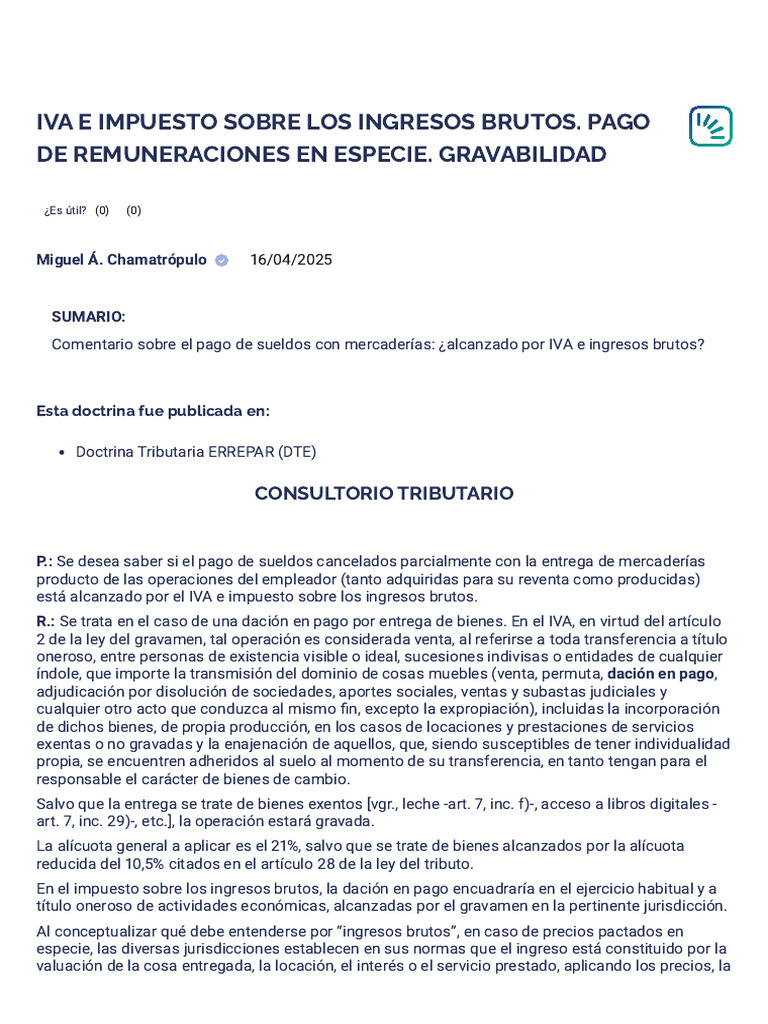 Iva e Impuesto Sobre Los Ingresos Brutos. Pago de Remuneraciones en Especie. Gravabilidad | PDF ...