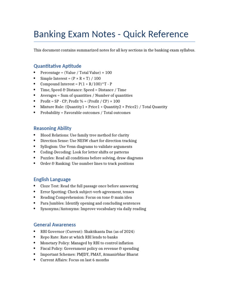 Banking Exam Notes | PDF