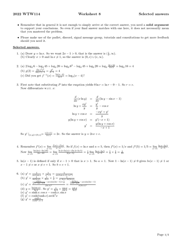 2022 WTW114 Worksheet 8 Solutions | PDF | Derivative | Real Analysis