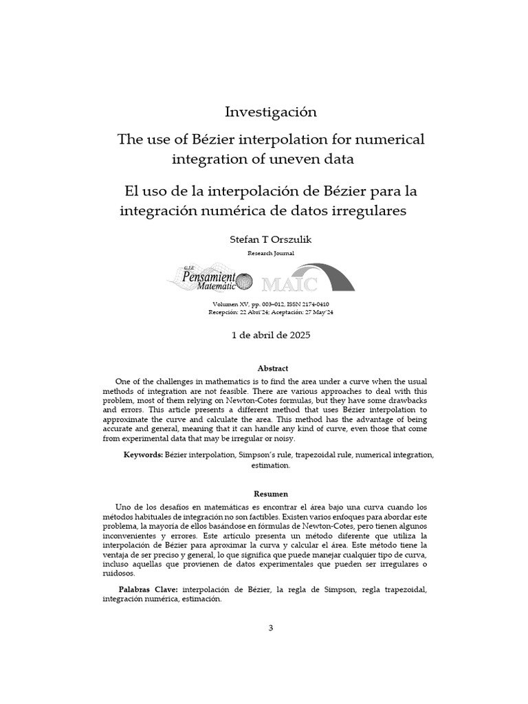 Bezier Interpolation Numerical Data Vol XV | PDF | Integral | Area