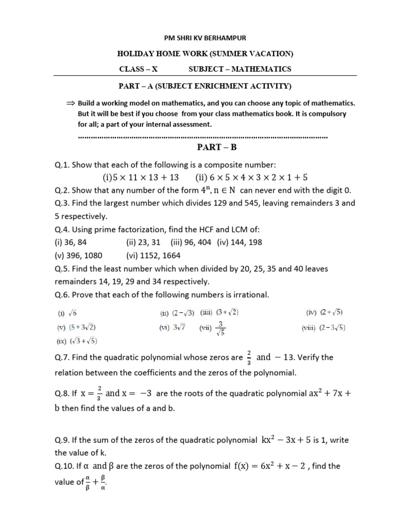Class 10 Math Summer HHW | PDF | Numbers | Polynomial