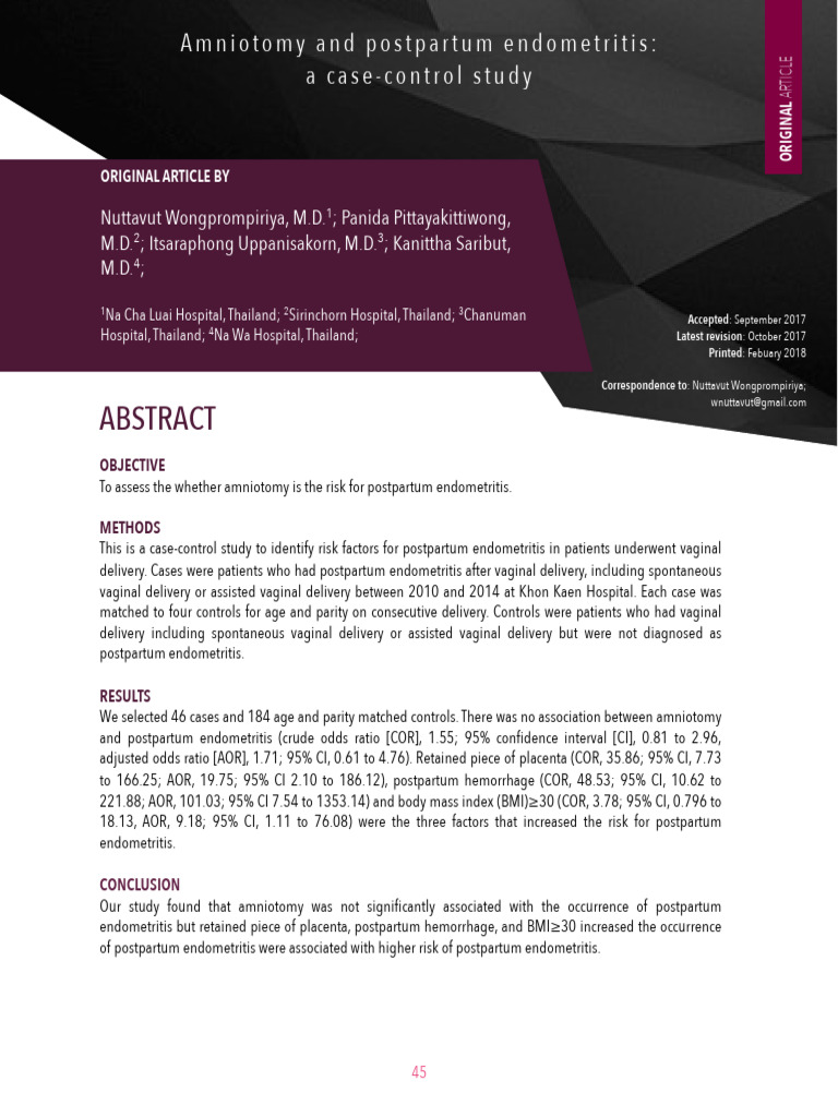 Amniotomy and Postpartum Endometritis: A Case-Control Study | PDF ...