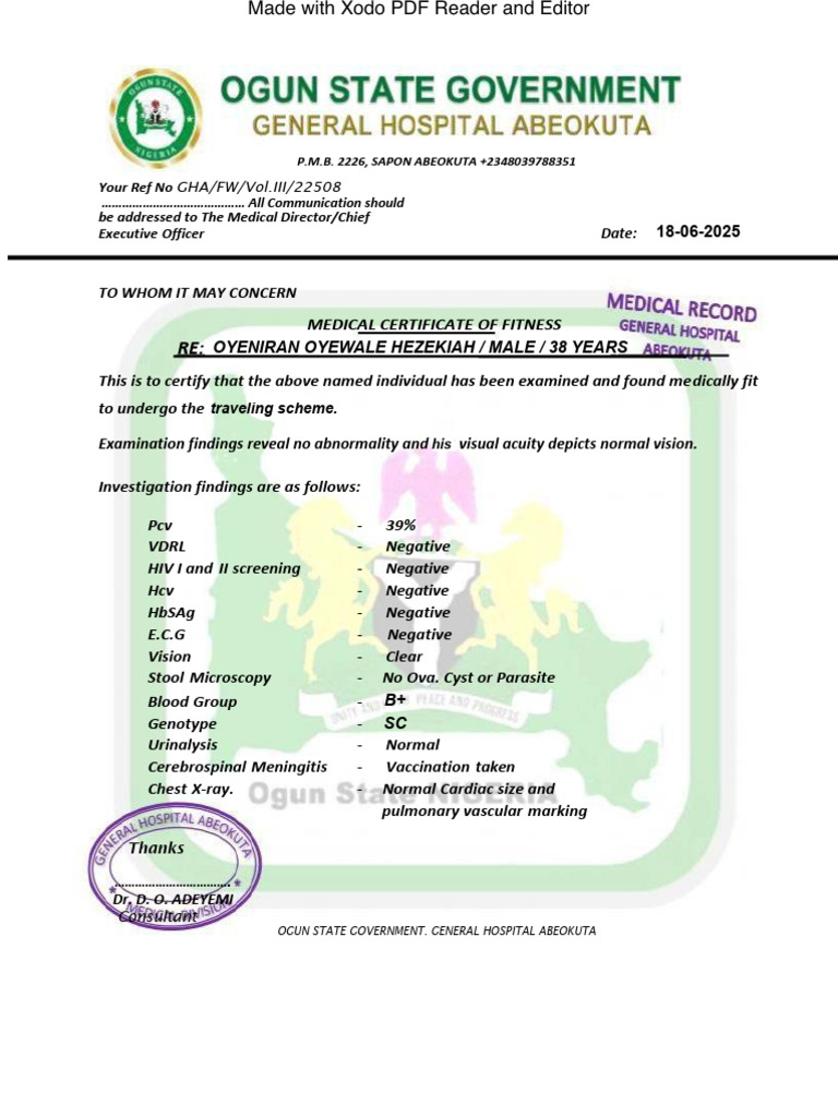 Medical Certificate of Fitness for NYSC | PDF