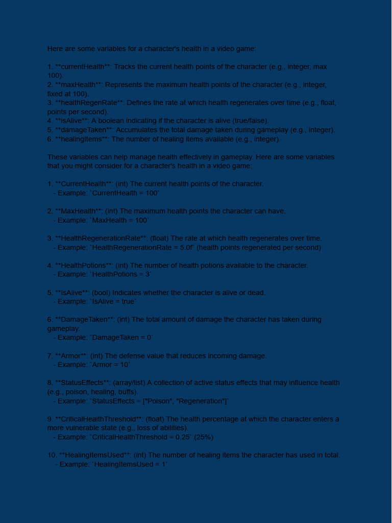 Here Are Some Variables For A Character's Health in A Video Game | PDF