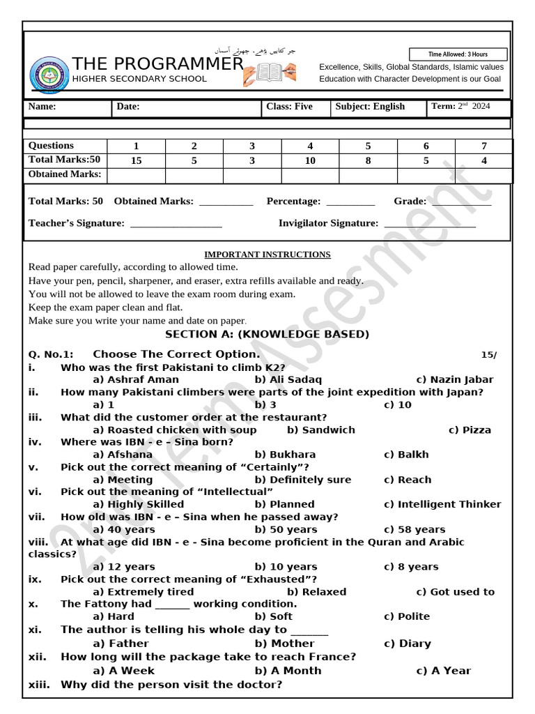Class 5 English Term 2 Exam Paper 2024 | PDF | Plural | Grammatical Number