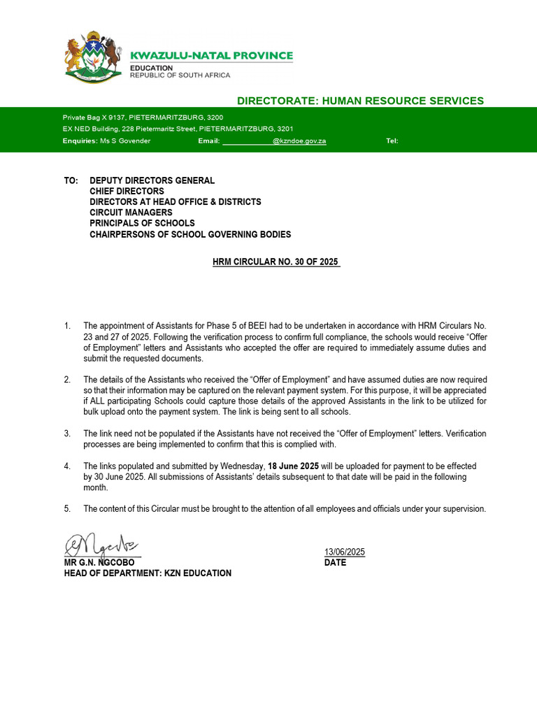 HRM Circular On Submission of Details of Assts Approved For Appt in ...