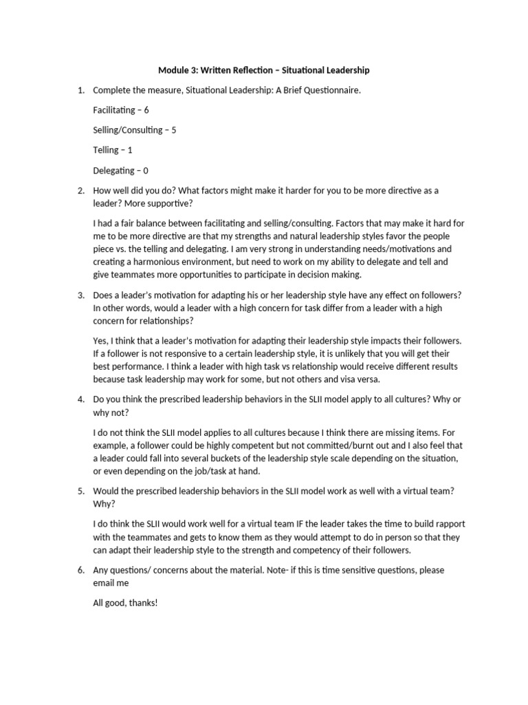 Situational Leadership Reflection Insights | PDF