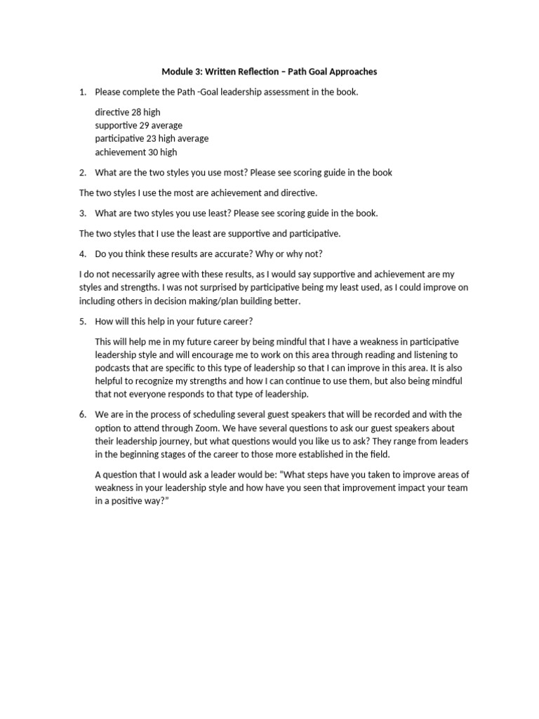 Module 3 - Written Reflection - Path Goal Approaches | PDF