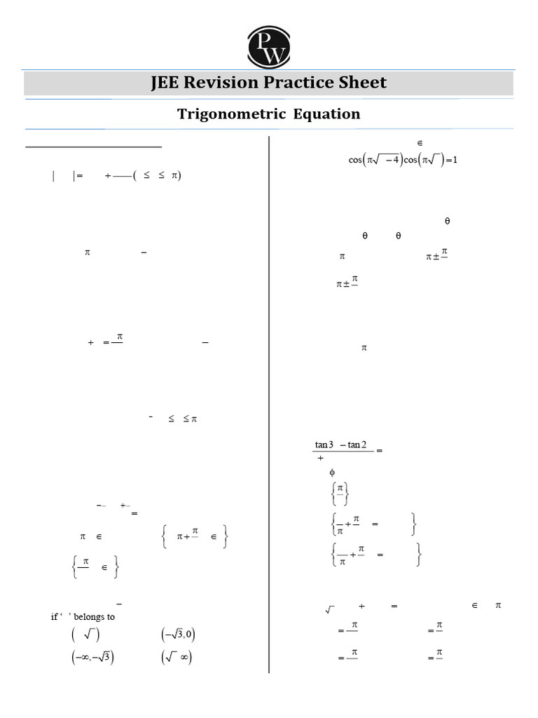 Trigonometric Equation - Practice Sheet (Main) | PDF | Trigonometric Functions | Equations