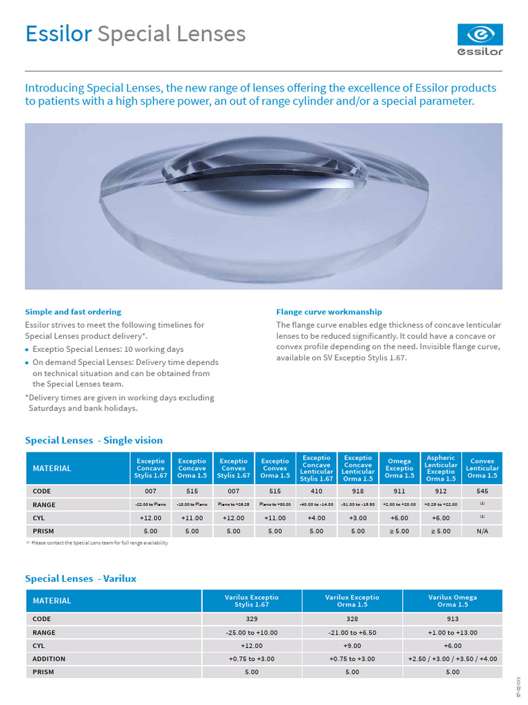 Special Lenses Crib Sheet | PDF | Glass Engineering And Science | Optometry