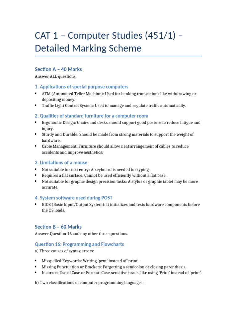 CAT1 Computer Studies Marking Scheme | PDF