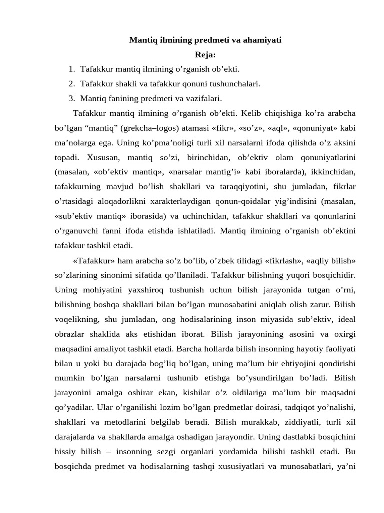 Mantiq Ilmining Predmeti Va Ahamiyati | PDF