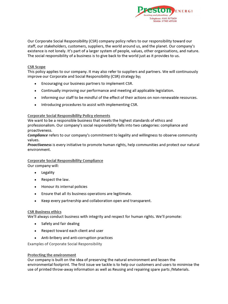 CSR Policy Preston Energi 2024 | PDF | Corporate Social Responsibility | Natural Environment