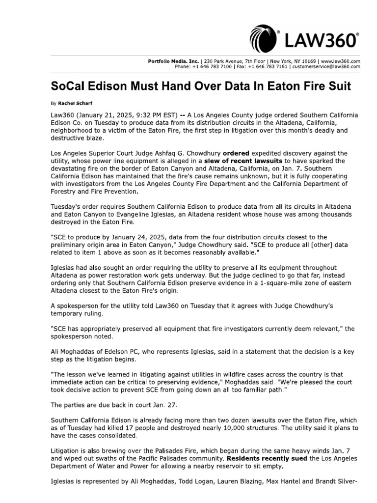 SoCal Edison Must Hand Over Data in Eaton Fire Suit - Law360 | PDF