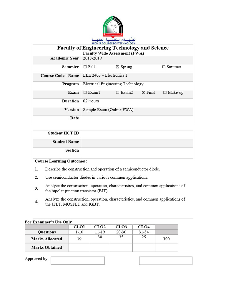 ELE2403 Sample Exam 201810 | PDF | P–N Junction | Bipolar Junction ...