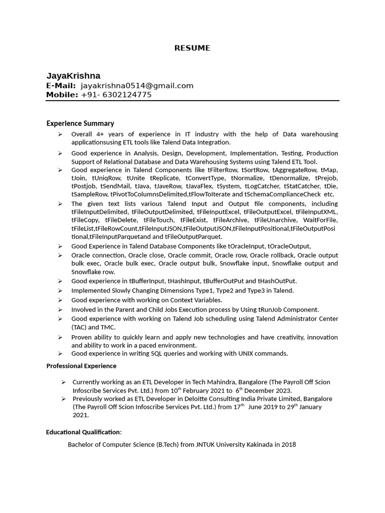 Talend ETL Developer Resume Summary | PDF | Procter & Gamble | Data ...
