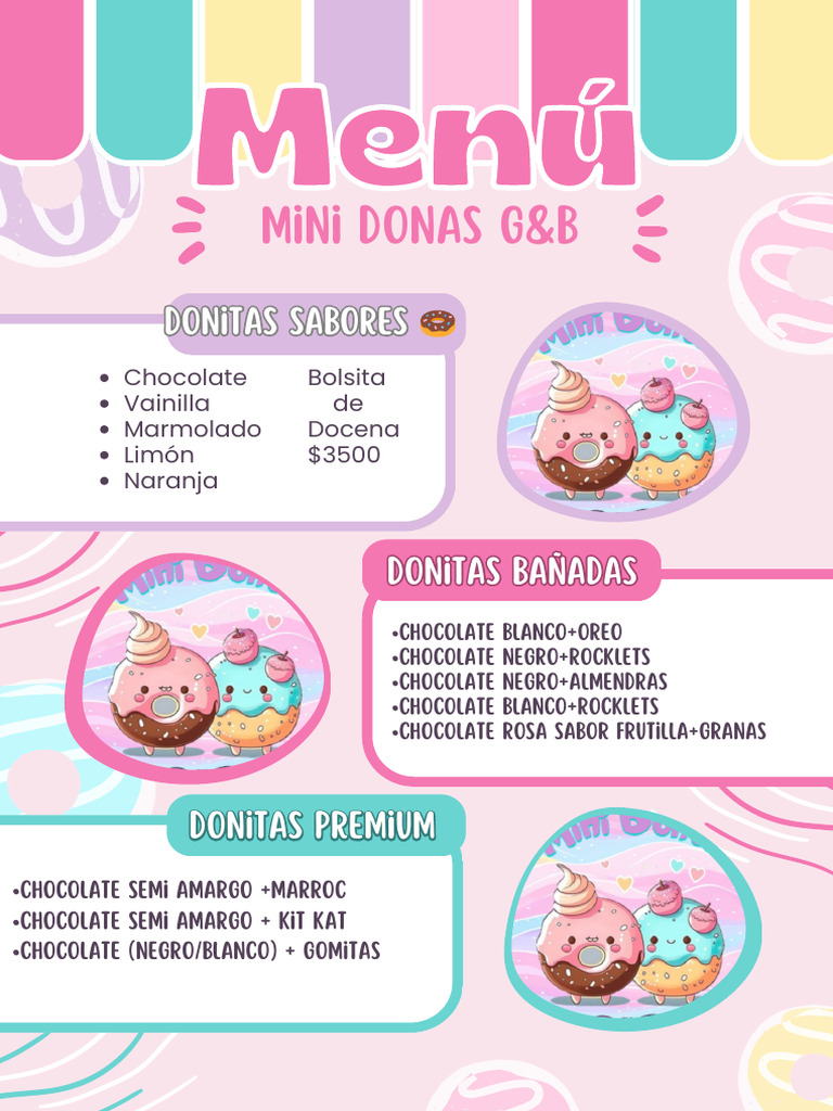 Menu Restaurante de Donas Llamativo Rosa Pastel | PDF