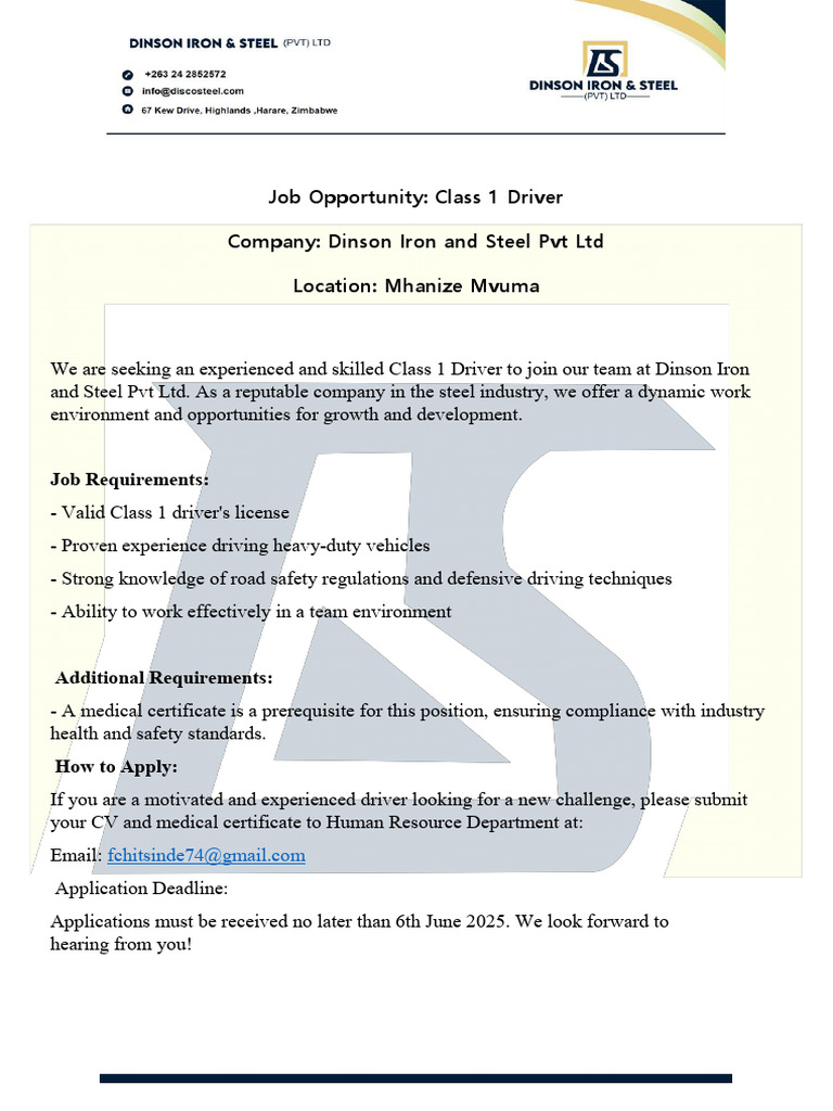 Class Driver Vacancy at Dinson Iron and Steel | PDF