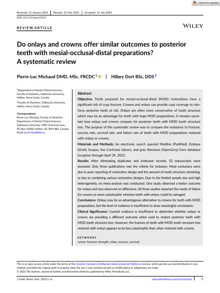 Do Onlays and Crowns Offer Similar Outcomes To Posterior Teeth With ...