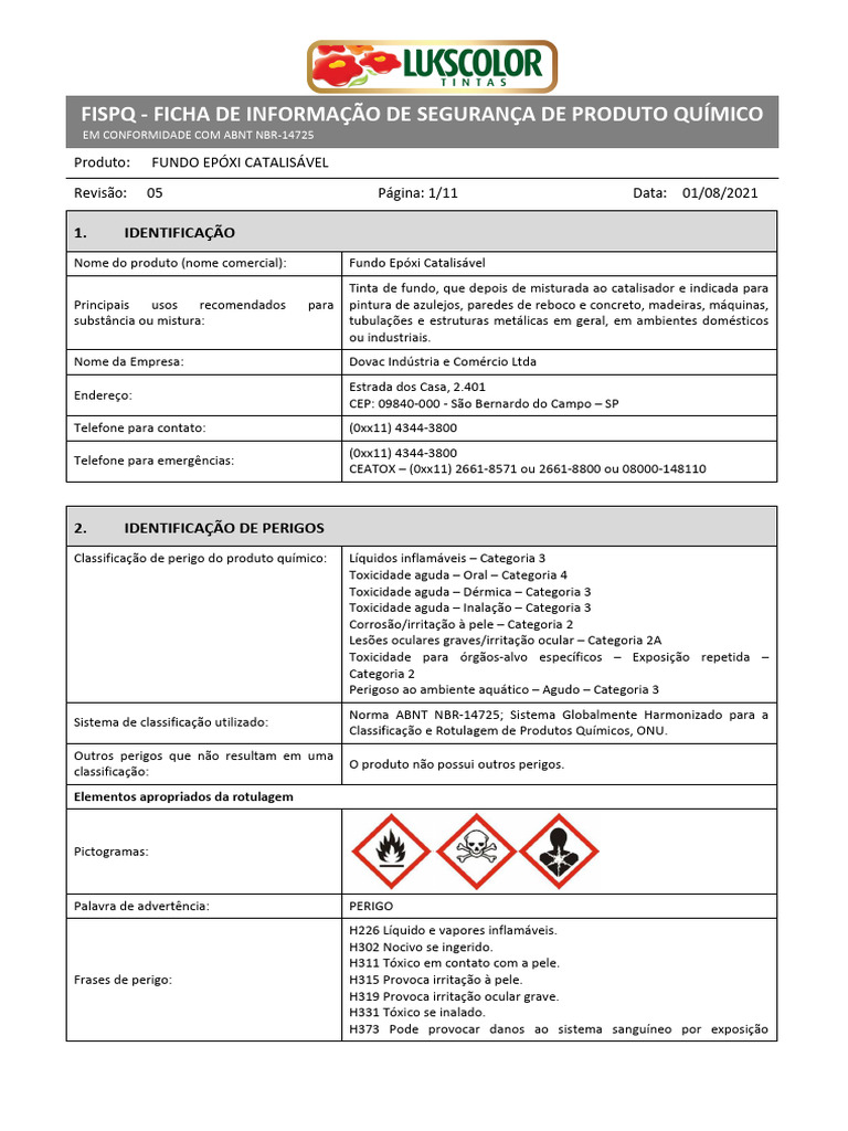 FISPQ: Fundo Epóxi da Dovac Ltda | PDF | Solubilidade | Temperatura