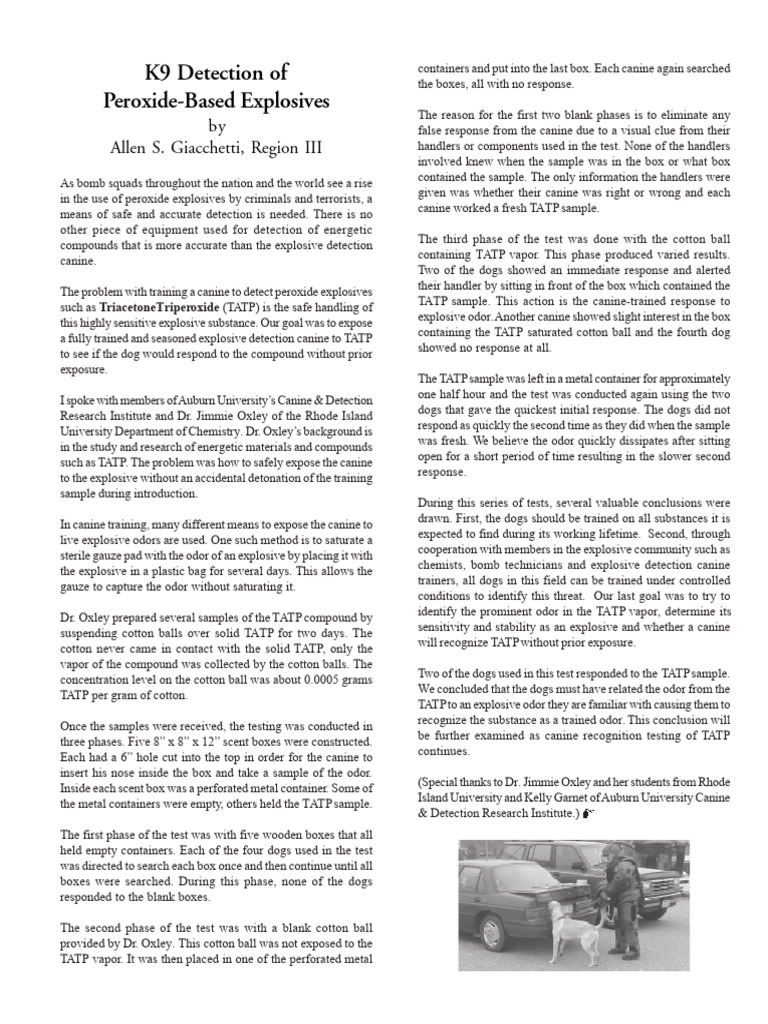 K9 Detection of Peroxide Based Explosives | PDF | Odor | Police Dog