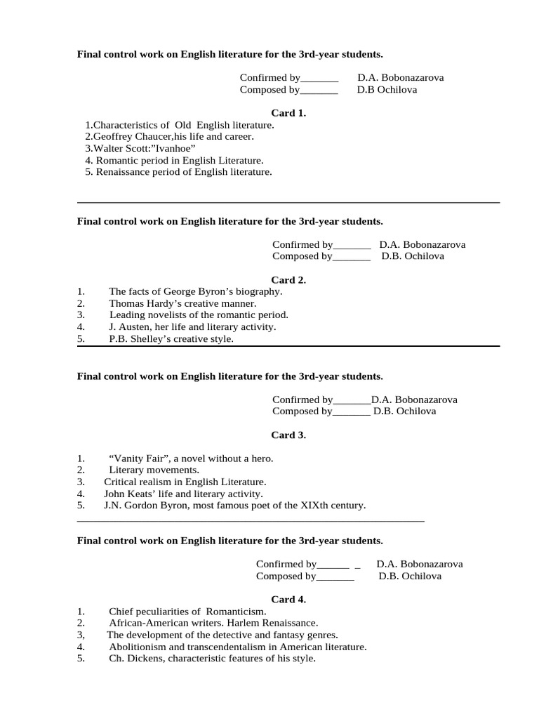 Final Control Work On English Literature For The 2nd Year Students ...