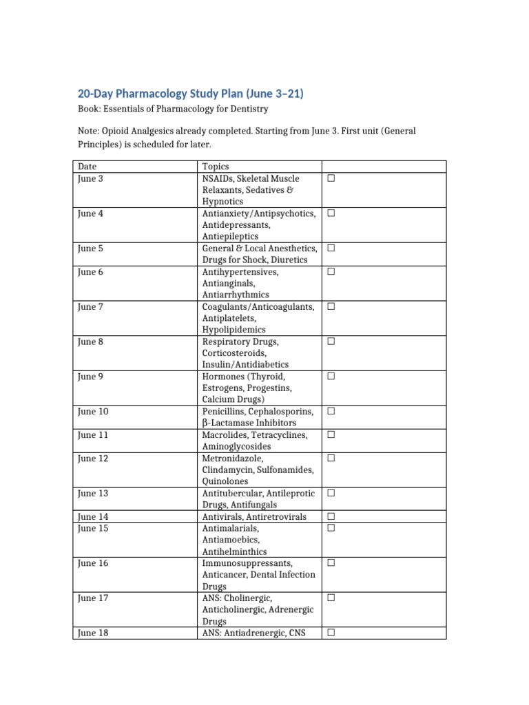 Pharmacology Study Plan June 3 To 21 | PDF | Pharmacology | Drugs