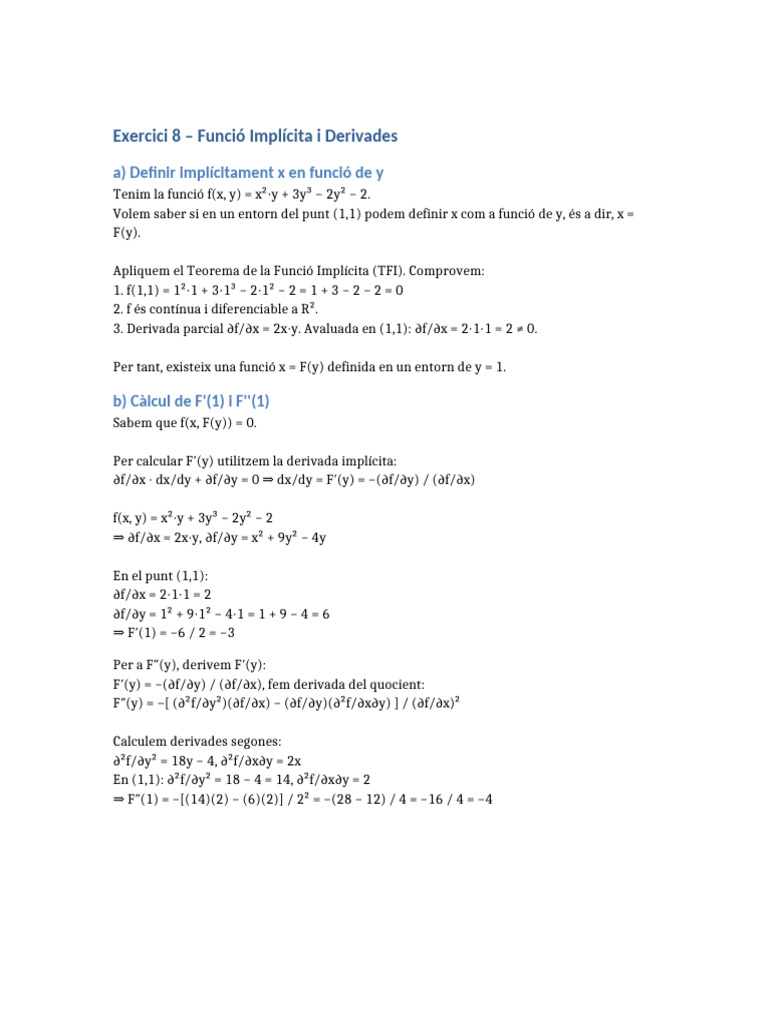 Exercici 8 Funcio Implicita Derivada | PDF
