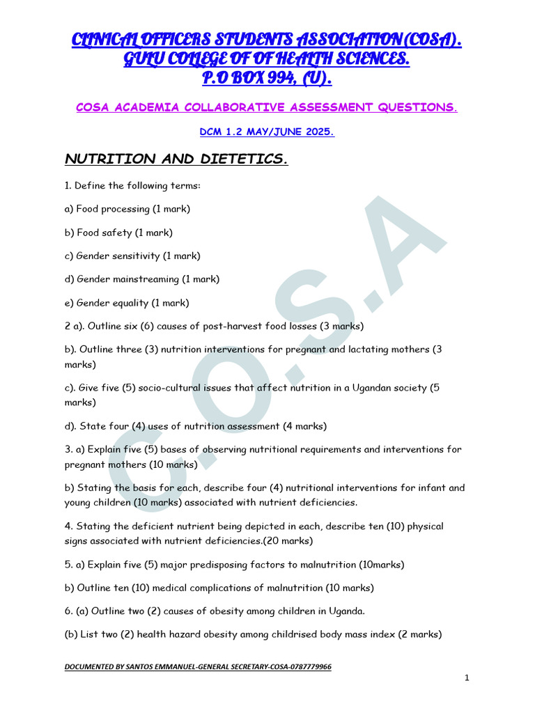 COSA Nutrition Assessment Questions 2025 | PDF | Malnutrition ...