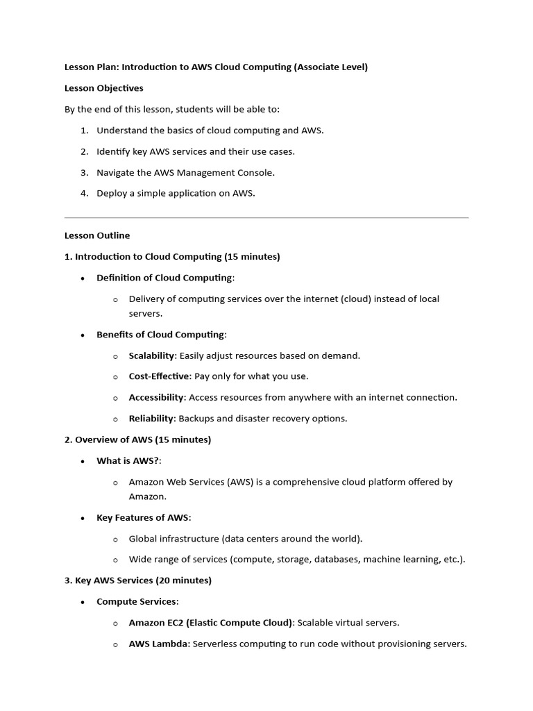 Lesson Plan Introduction To AWS Cloud Computing (Associate Level) | PDF ...