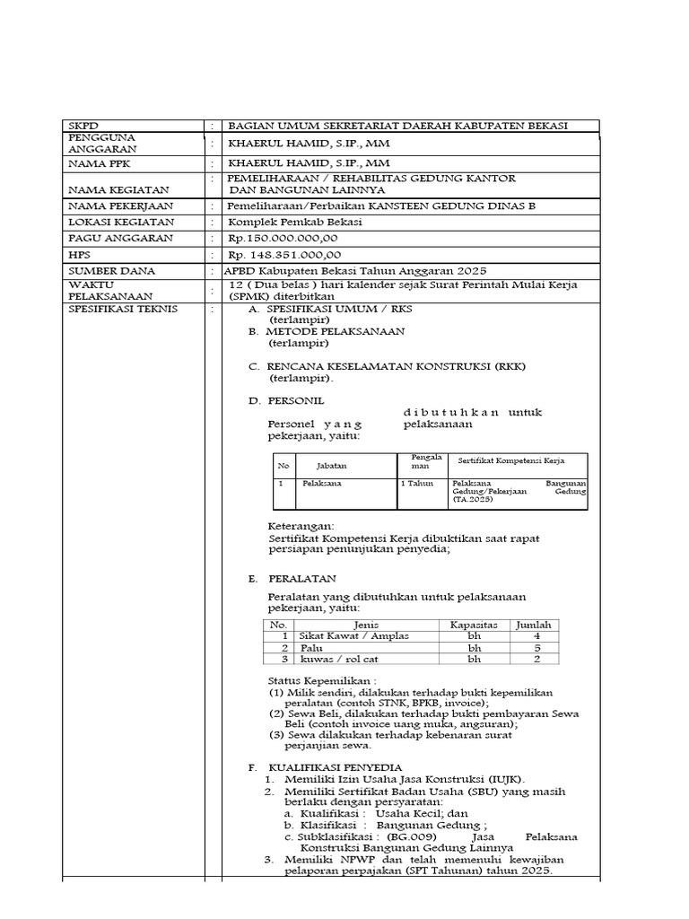 Spek Teknis Pekerjaan Pemeliharaan Perbaikan Kansteen Gedung Dinas B | PDF