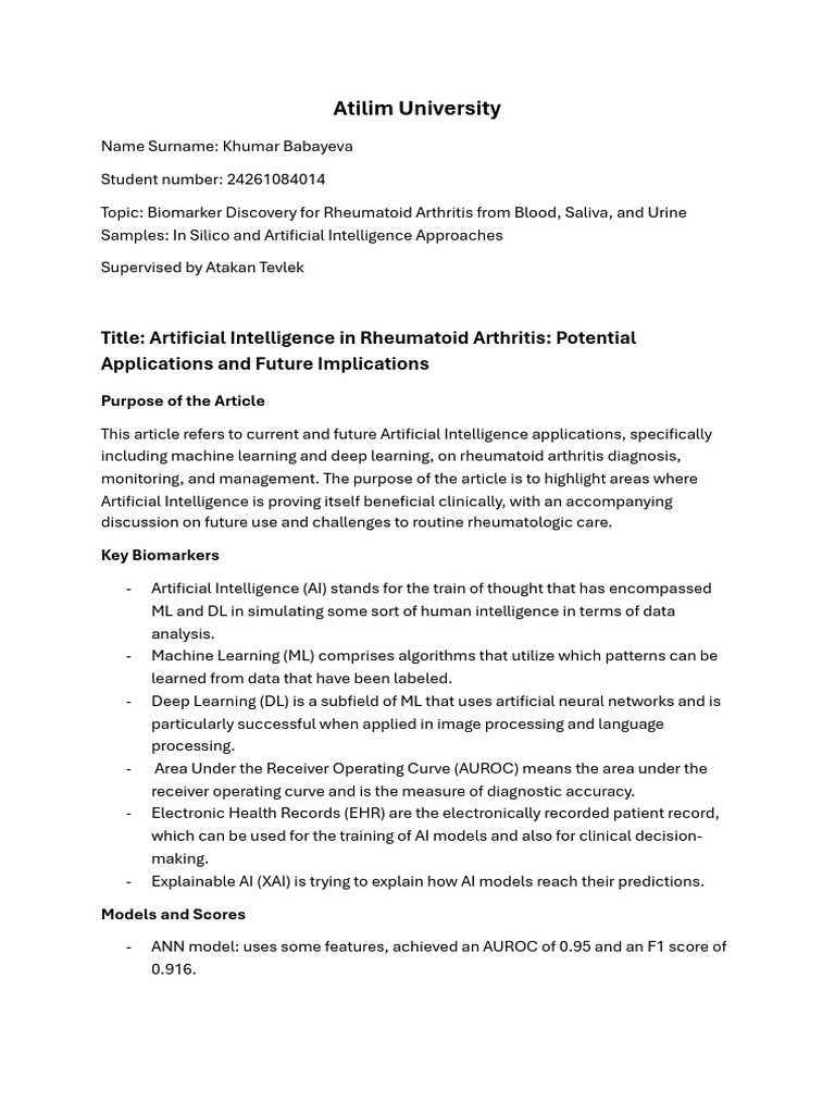 Summary For Research Project. RA and AI | PDF | C Reactive Protein ...
