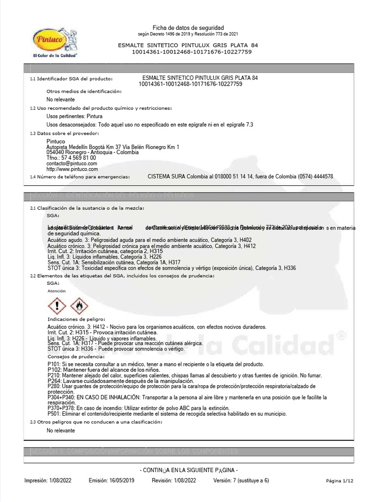 Ficha de Seguridad Pintuco Esmalte 84 | PDF | Toxicología | Química