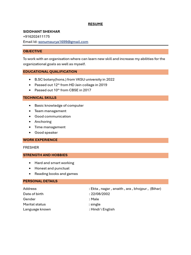 Resume of Siddhant Anand Shekhar | PDF