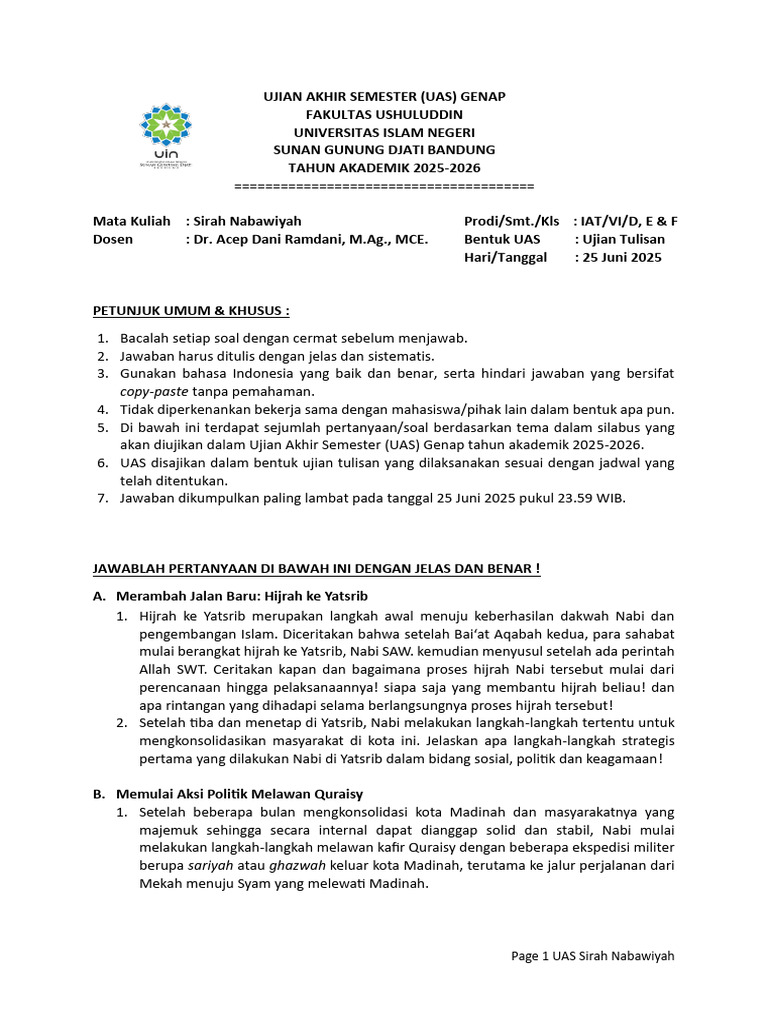 Uas Sirah Nabawiyah Iat 2025 | PDF