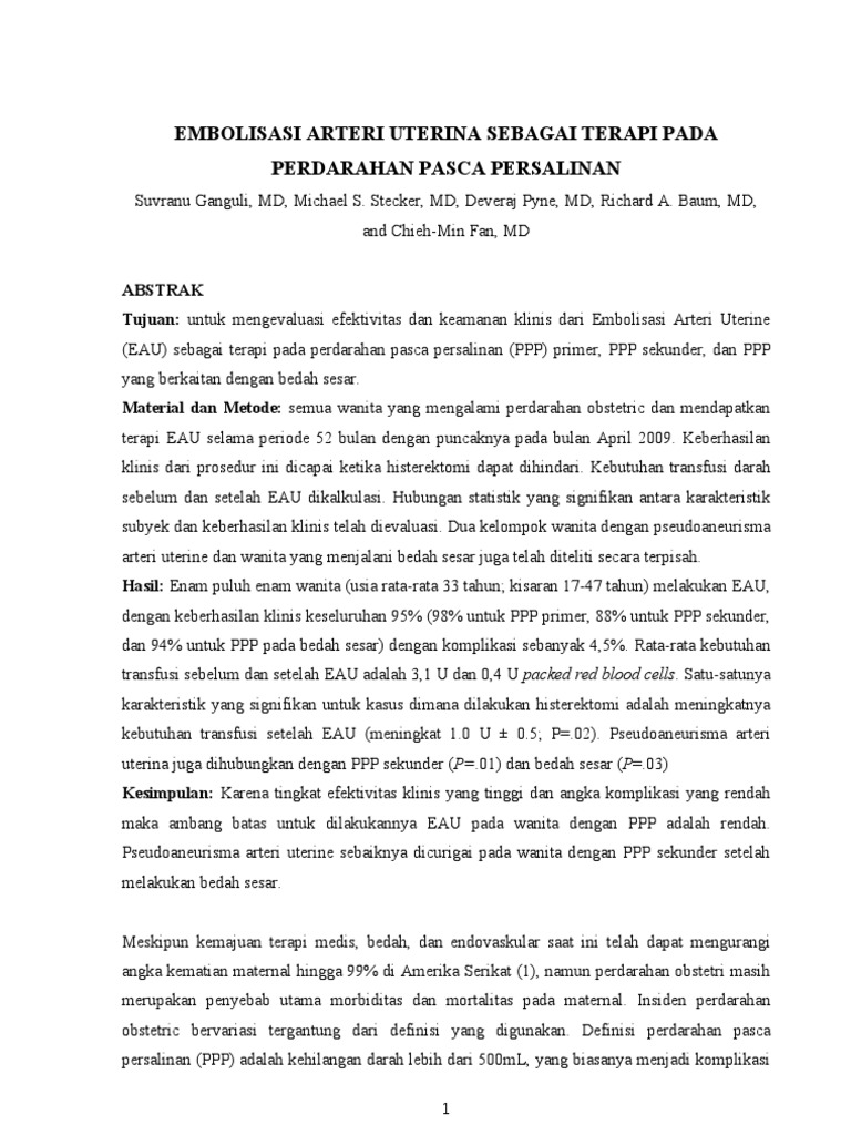 Embolisasi Arteri Uterina Sebagai Terapi Pada Perdarahan Pasca ...