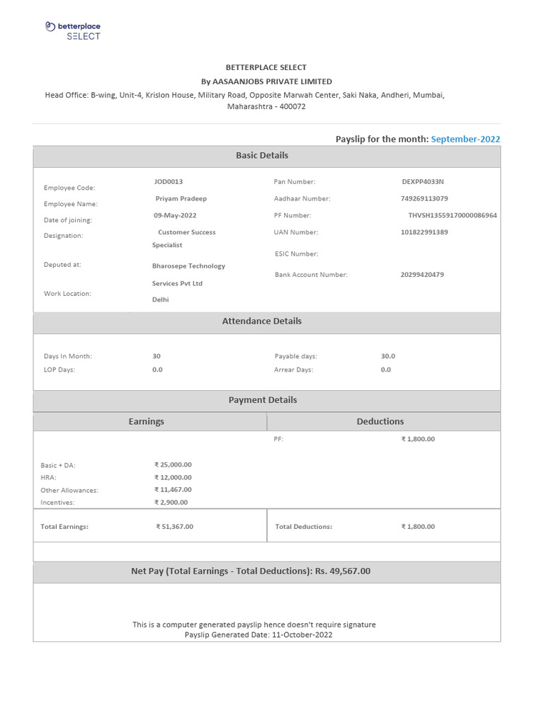 Payslip Fa54bdc2 455a 47cf Ab7e 554877cced81 September 2022 | PDF ...