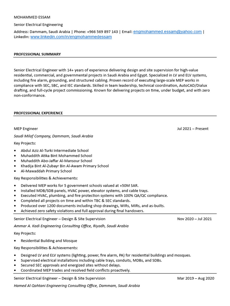 Mohammed Essam Senior Electrical Engineer CV | PDF | Electrical Engineering