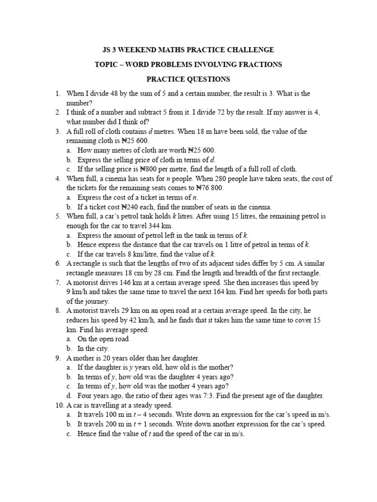 Word Problems Involving Fractions | PDF | Length