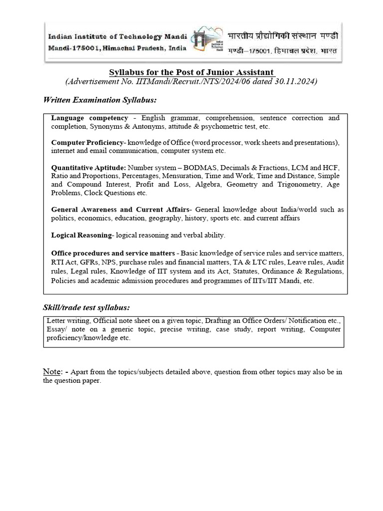 Junior Assistant Syllabus 2025 | PDF