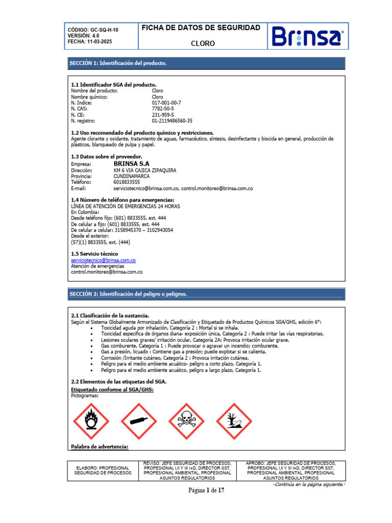 Ficha de Datos de Seguridad Cloro | PDF | Agua | Cloro