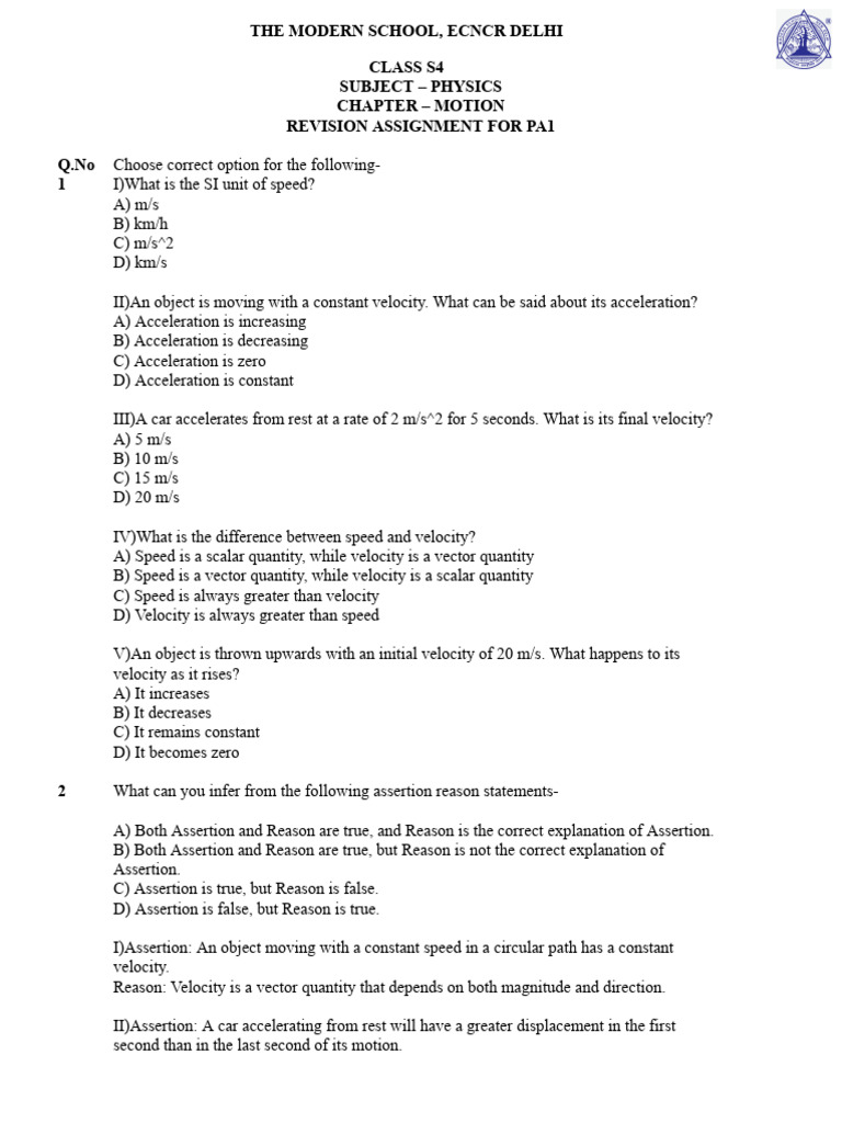 Revision Assignment For Pa1 Physics | PDF | Velocity | Acceleration
