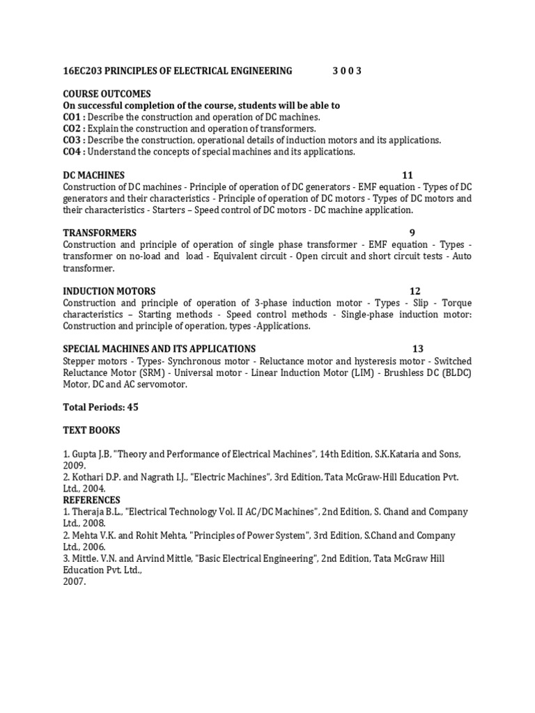 16ec203 Principles of Electrical Engineering - Syllabus | PDF