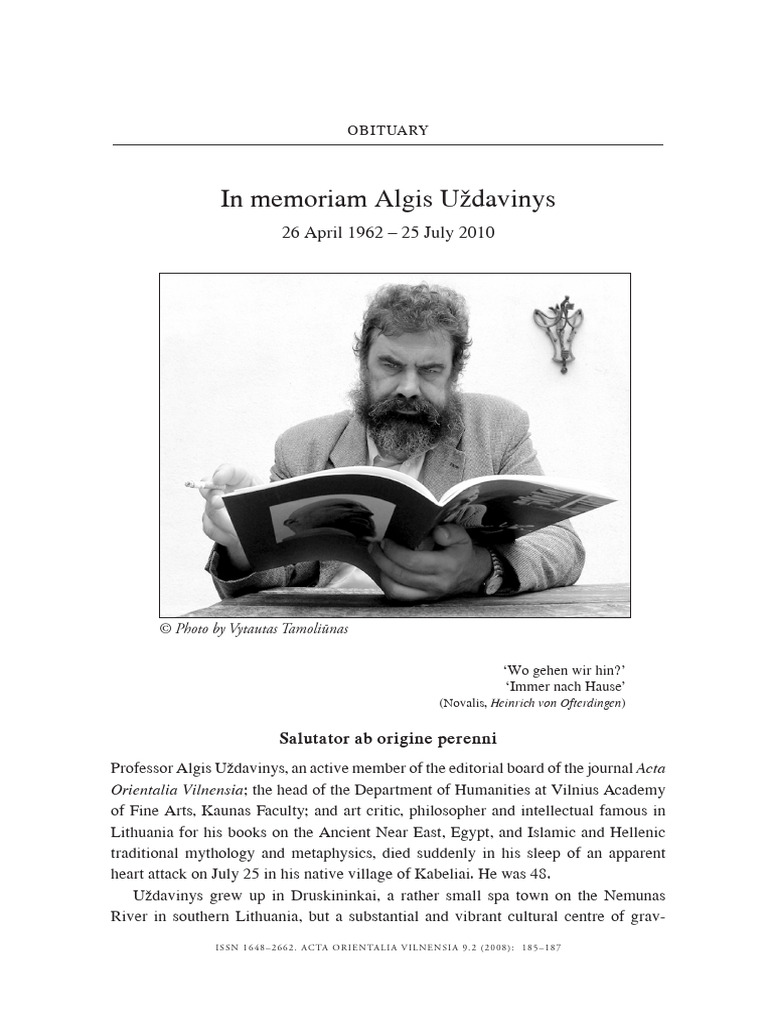 Obituary of Professor Algis Uždavinys | PDF | Esotericism | Religious ...