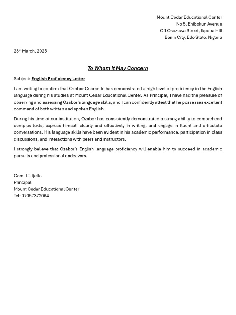English Proficiency Confirmation Letter | PDF