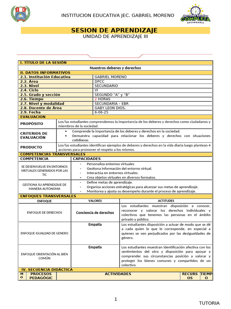 Sesion de Aprendizaje: Institucion Educativa Jec. Gabriel Moreno | PDF | Maestros | Aprendizaje