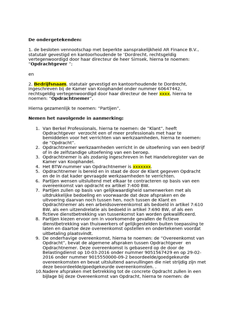 Overeenkomst Van Opdracht Concept Souf | PDF